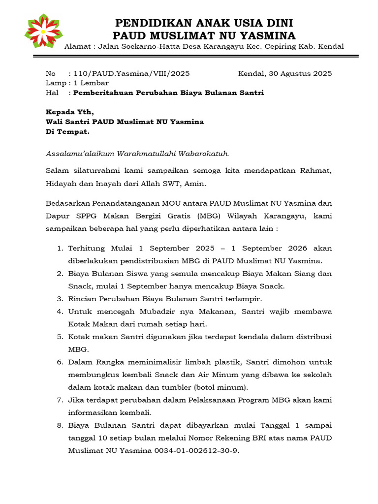 Pemberitahuan Biaya Bulanan Santri Paud Muslimat Nu Yasmina | PDF