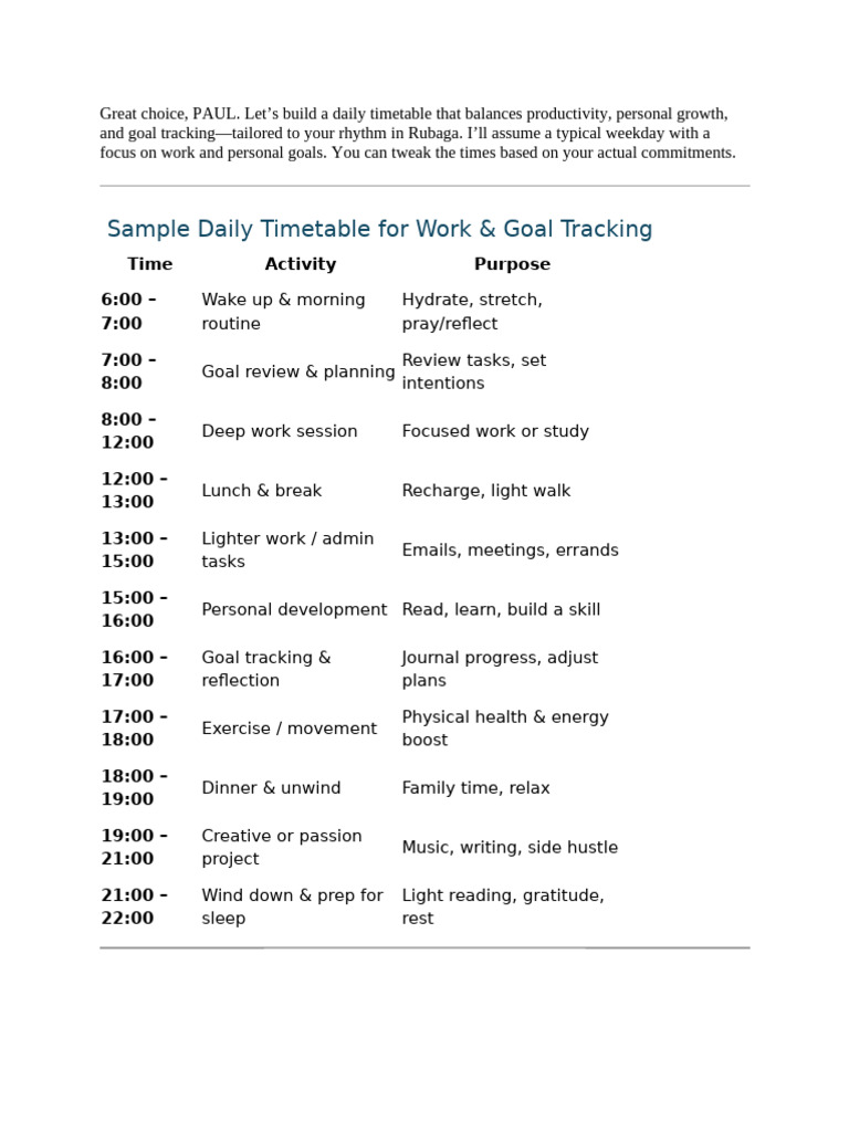 Daily Timetable for Productivity & Growth | PDF