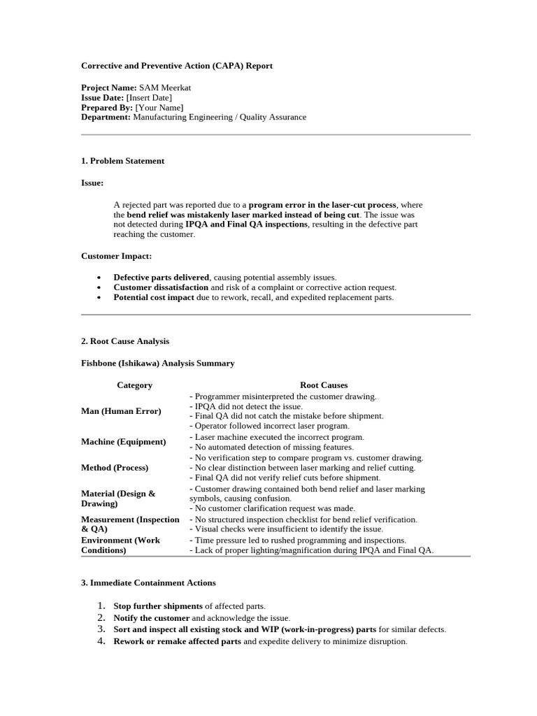 CAPA Report: Laser Process Error Analysis | PDF | Quality Assurance