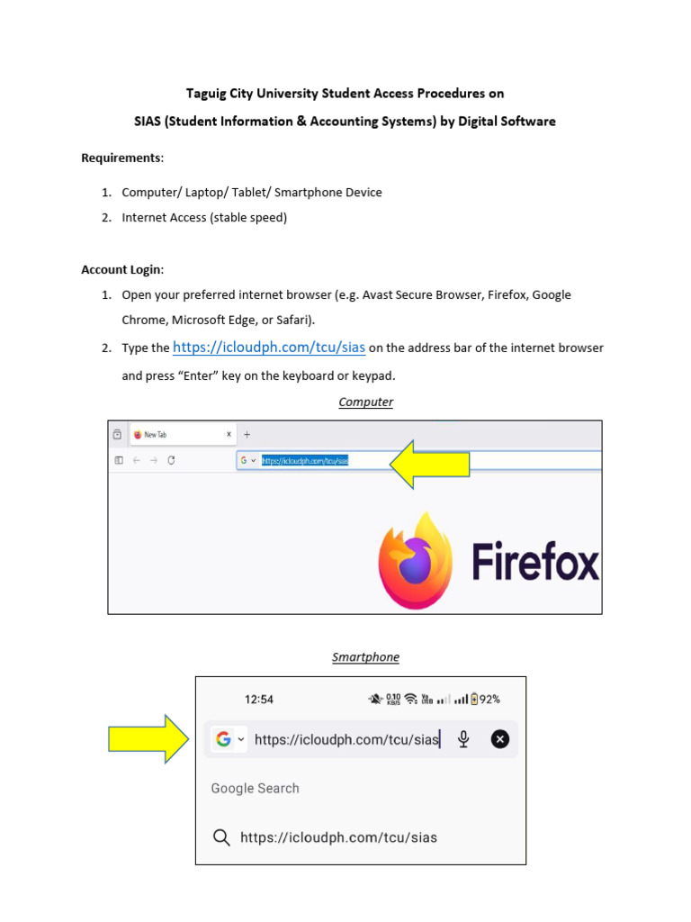 TCU SIAS Access and Login Guide | PDF | Password | Button (Computing)