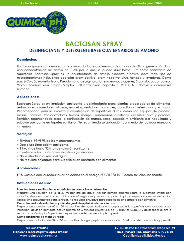 Bactosan Spray: Desinfectante Eficaz | PDF | Agua | Alimentos