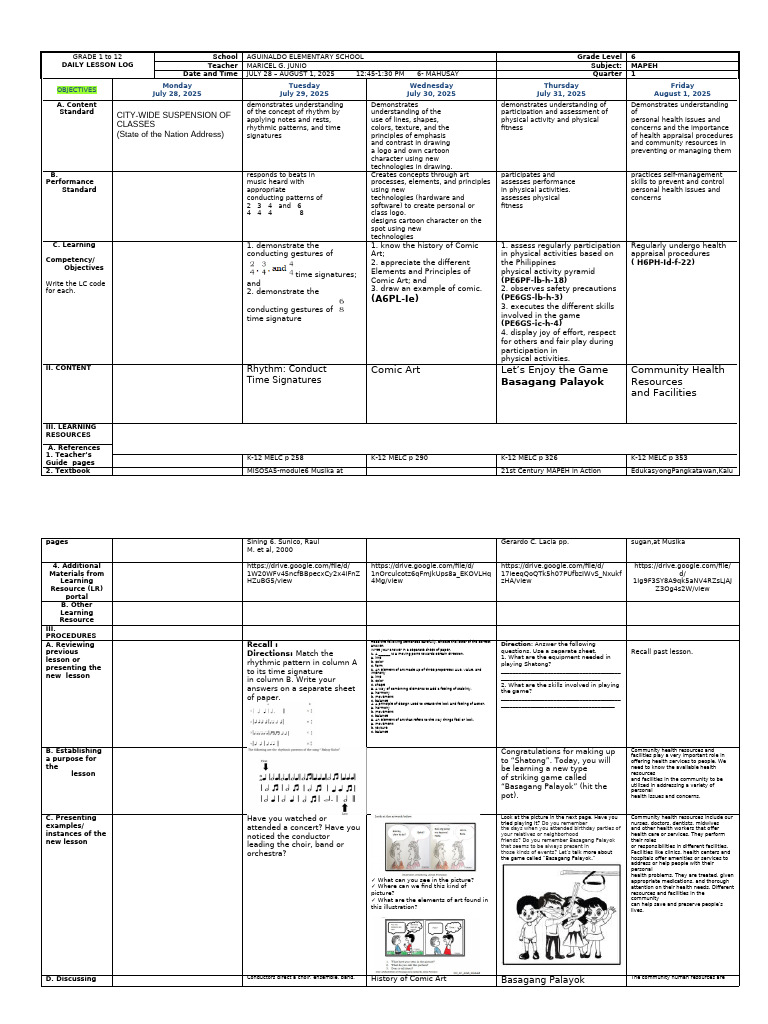 Grade 6 MAPEH Daily Lesson Log | PDF | Conducting | Comics