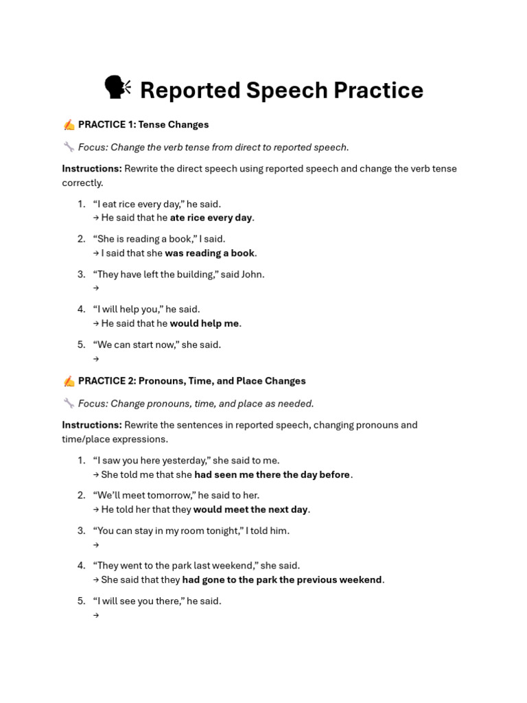 Reported Speech Practice Exercises | PDF | Linguistics | Semantic Units