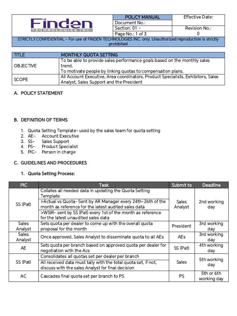 Policy Manual - Monthly Quota Setting | PDF