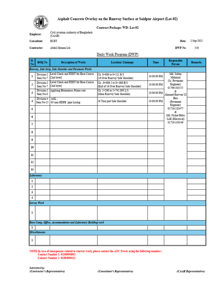 Daily Work Program for Saidpur Airport | PDF | Runway | Road Surface