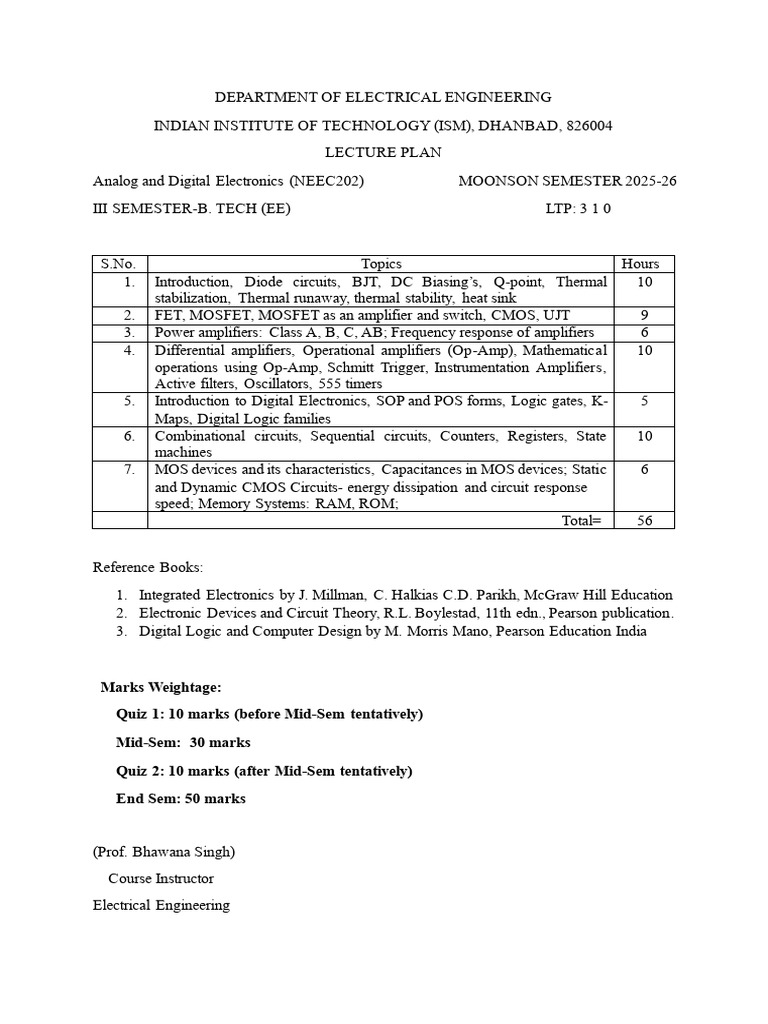 Lecture Plan NEEC202 | PDF