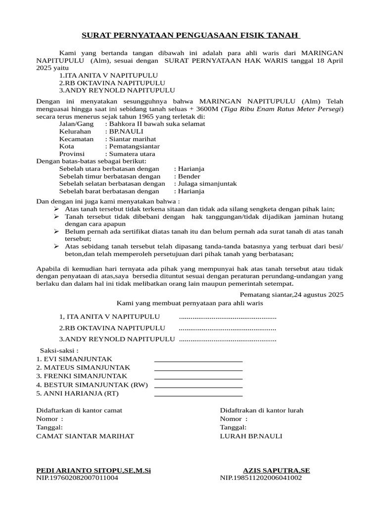 Surat Pernyataan Penguasaan Fisik Tanah | PDF