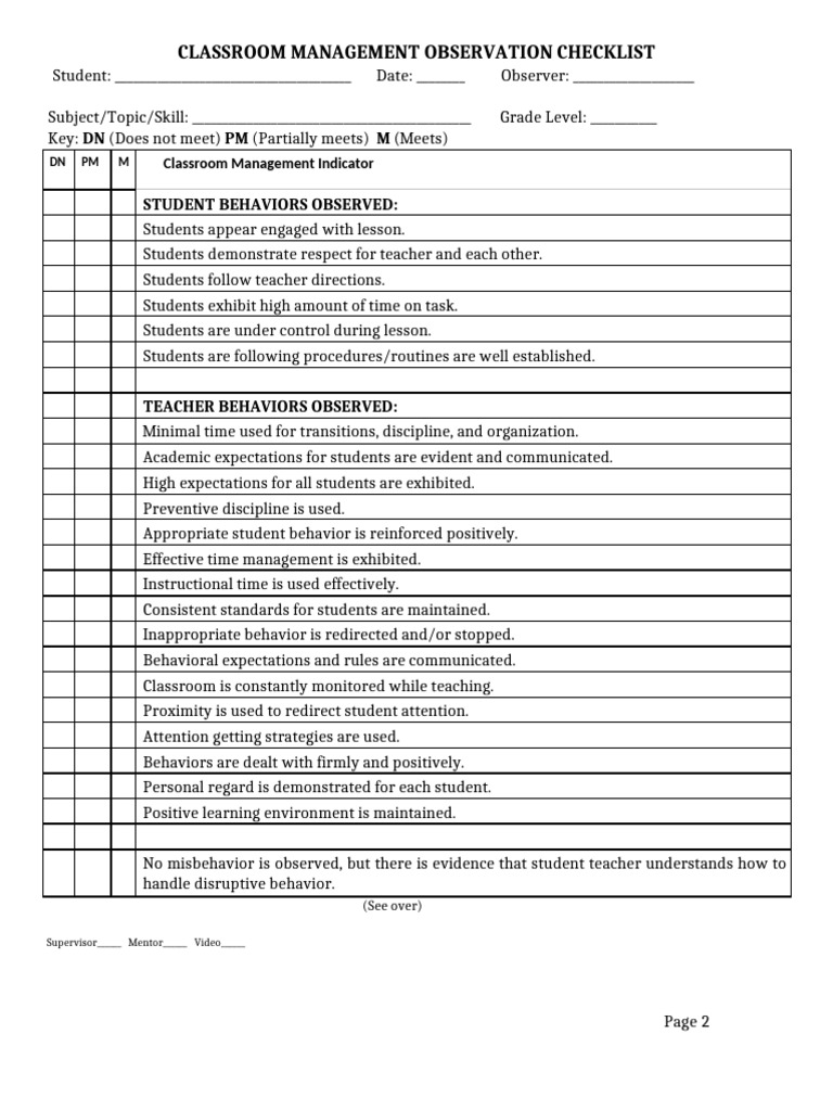 Classroom Management Observation Checklist | PDF
