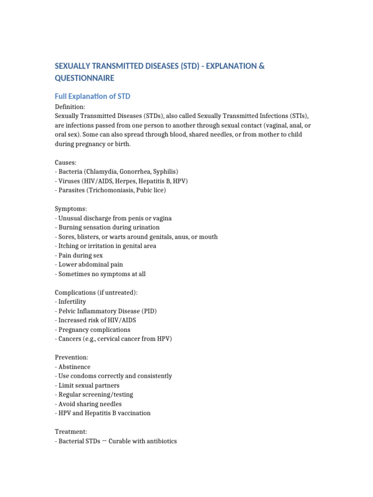 STD Explanation and Questionnaire | PDF