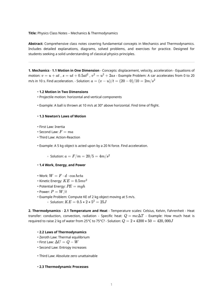 Physics Mechanics Thermodynamics Notes | PDF | Heat | Temperature