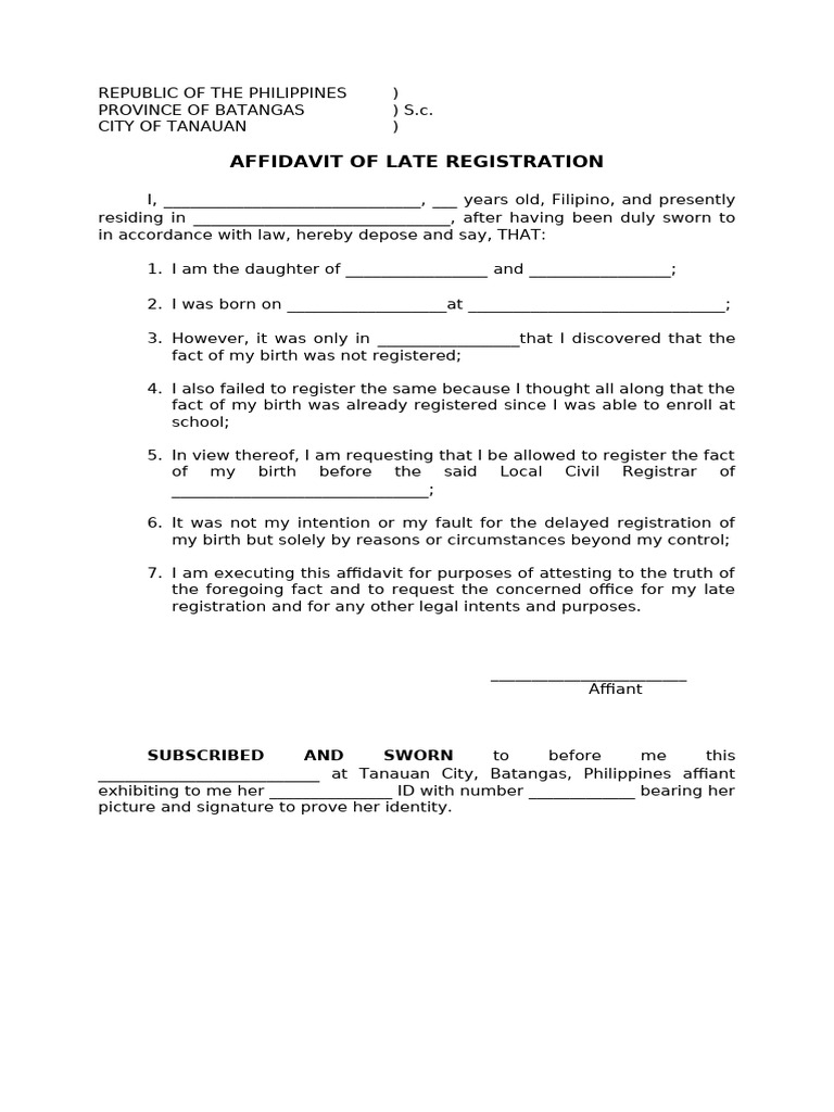 Affidavit of Late Registration Template | PDF