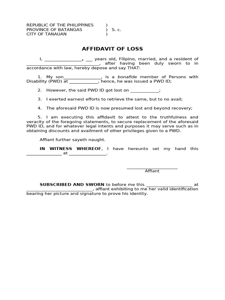 Affidavit of Loss Template | PDF