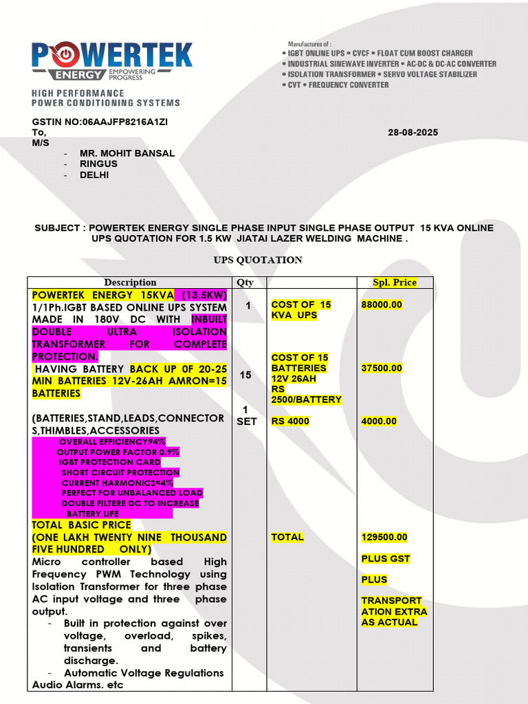 Ringus 15 Kva Online Ups Quotation | PDF | Manufactured Goods | Power ...
