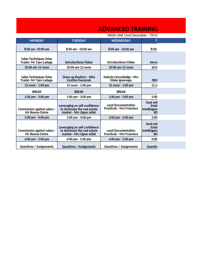Week One Schedule For Nov 2024 Batch 2 Trainees | PDF