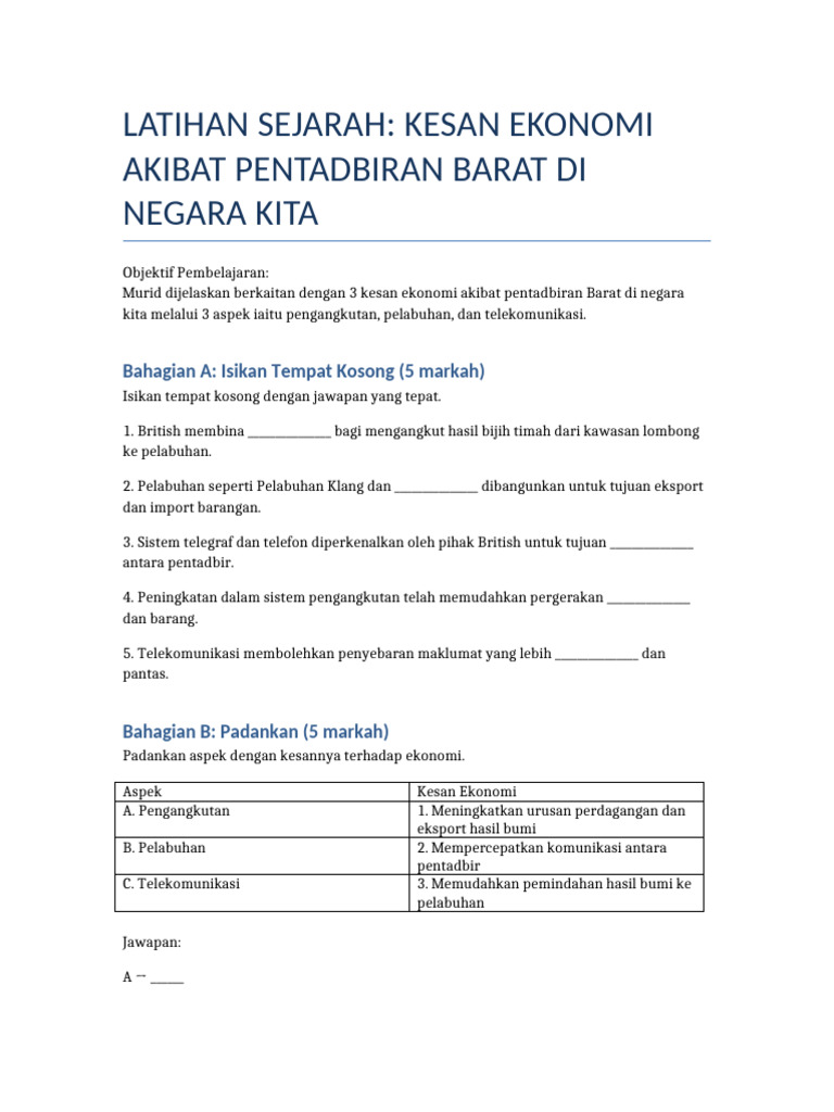 Latihan Sejarah - Kesan Ekonomi Pentadbiran Barat | PDF