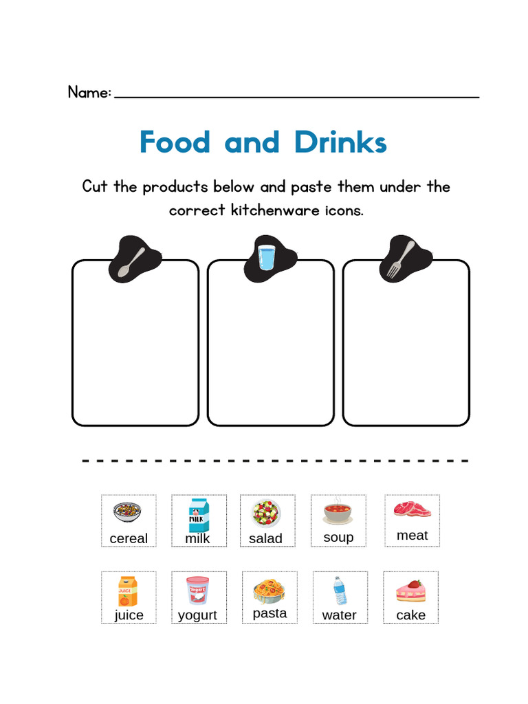 Colorful Illustrative Food and Drinks English Worksheet | PDF