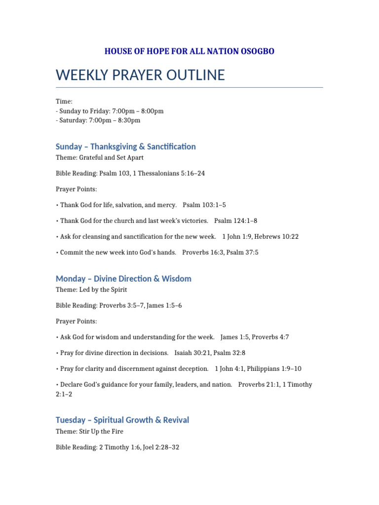 Weekly Church Prayer Outline HOUSE of HOPE | PDF | Prayer | Bible