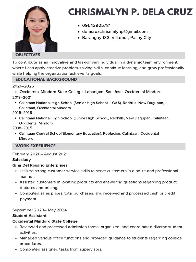 Dela Cruz, Chrismalyn P. (Resume With 2x2) | PDF | Business