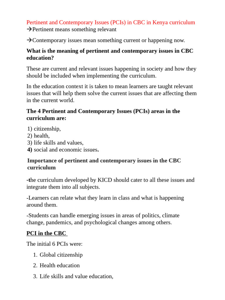PCIs in Kenya's CBC Curriculum | PDF | Mental Health