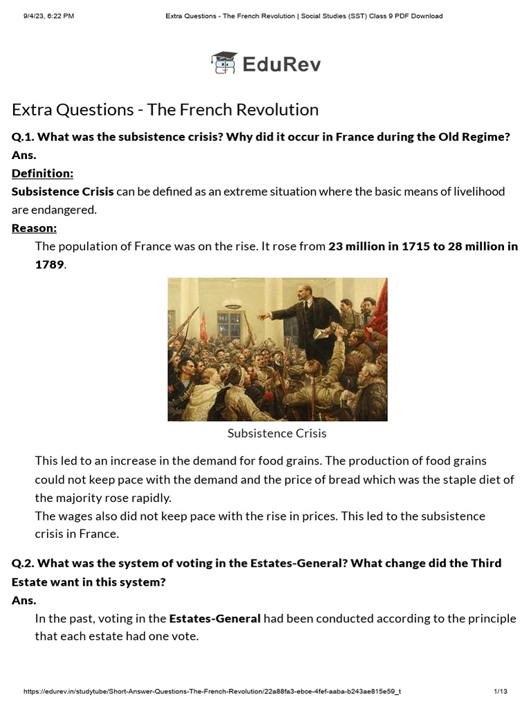 Extra Questions - The French Revolution - Social Studies (SST) Class 9 ...