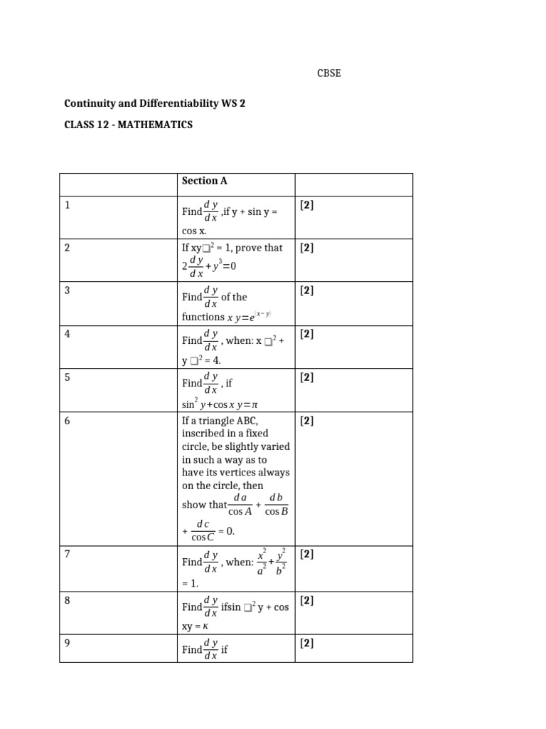 Continuity and Differentiability WS 2 Word (Derivatives of Implicit Functions ) | PDF | Calculus ...