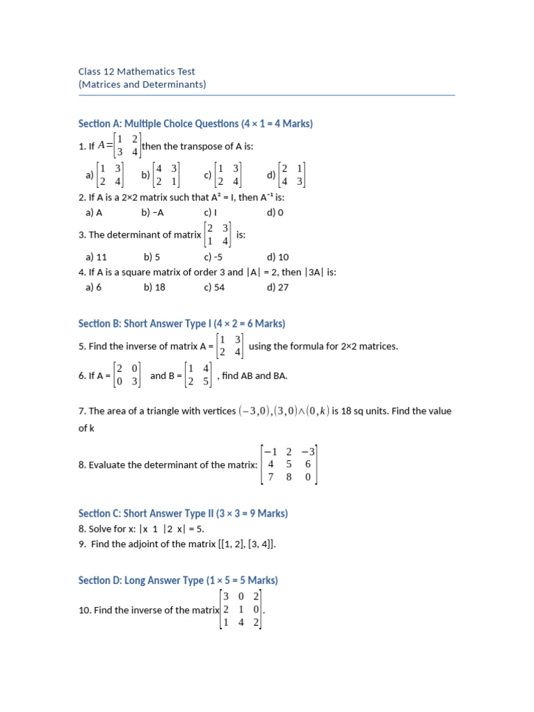 Class 12 Mathematics: Matrices Test | PDF