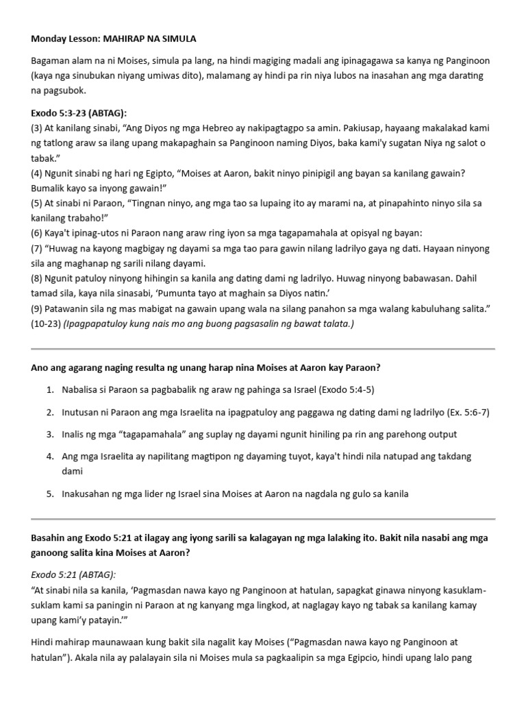 Monday Lesson Study Guide Tagalog | PDF