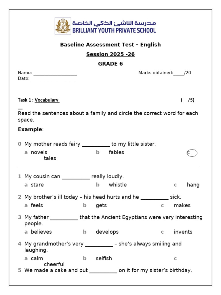 2025 Grade 6 English Baseline Assessment | PDF