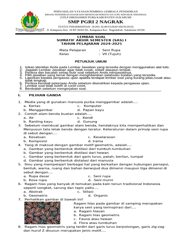 Sas Kelas 7 Seni Rupa Smt 1 2024-2025 | PDF