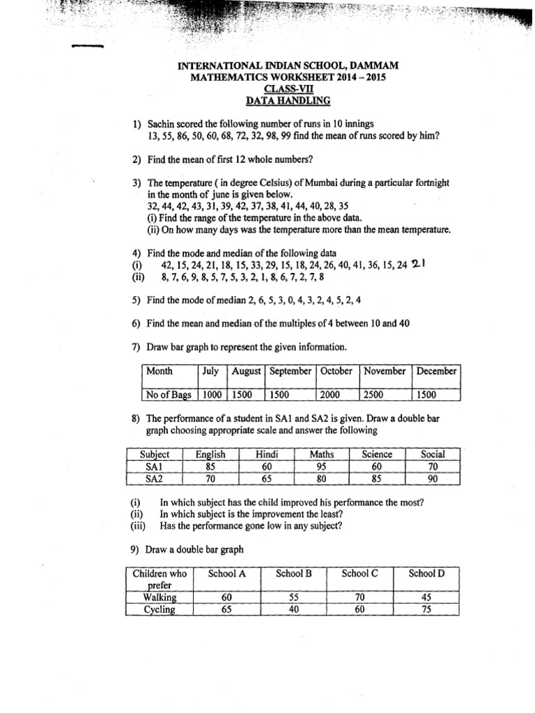 CBSE Clas 7 Maths Worksheet - Data Handling | PDF