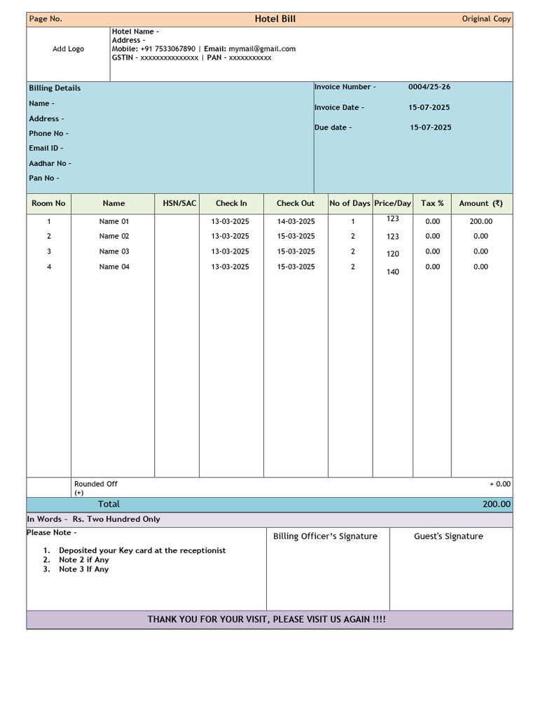 Hotel Bill Format Template | PDF