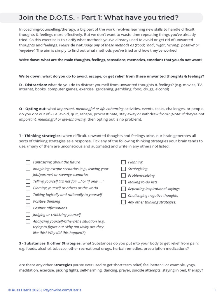 Join The Dots Worksheet - 2025 Version - Russ Harris | PDF | Thought ...