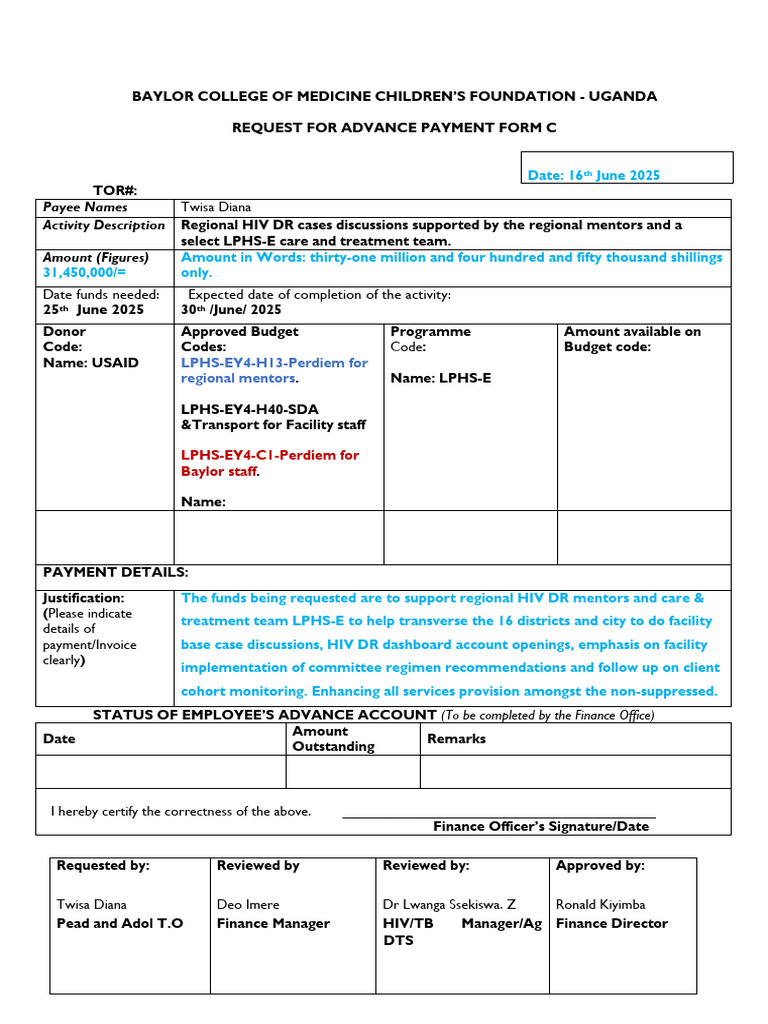 Advance Payment Request for HIV DR Activity | PDF | Tuberculosis ...