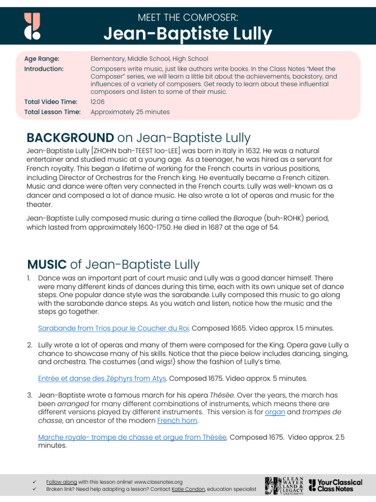 MC Jean-Baptiste Lully Lesson Plan 20250106 | PDF | Baroque Music | Dances
