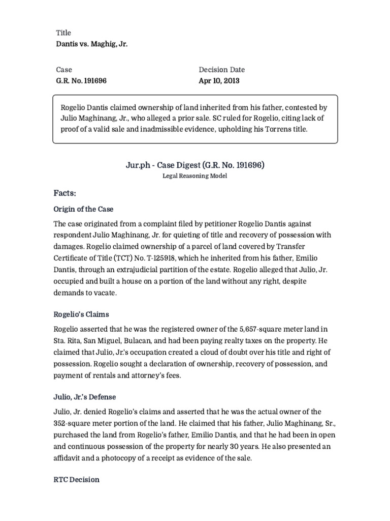Case Digest - G.R. No. 191696 - Dantis vs. Maghig, Jr. - Reasoning | PDF | Burden Of Proof (Law ...