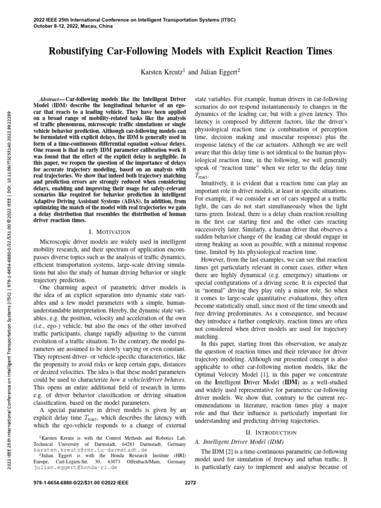 Robustifying Car-Following Models With Explicit Reaction Times | PDF ...
