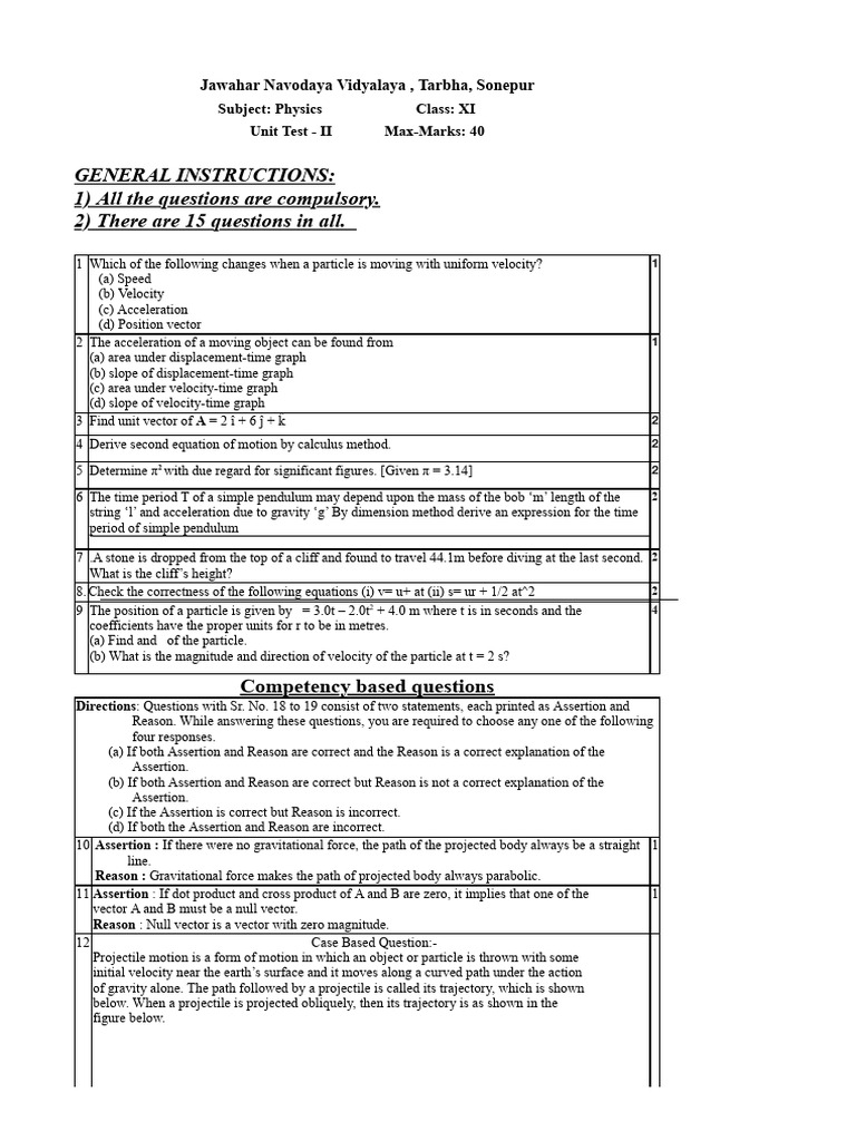Class XI Physics Unit Test II Questions | PDF | Acceleration | Velocity
