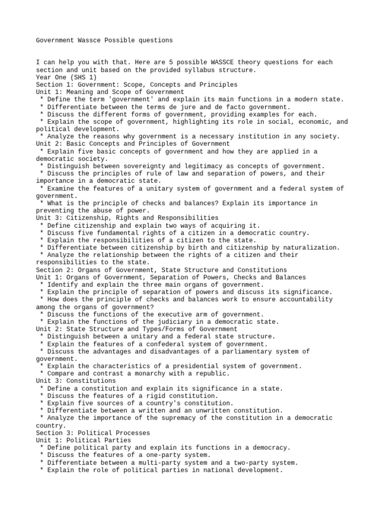 WASSCE Government Theory Questions | PDF | State (Polity) | Democracy