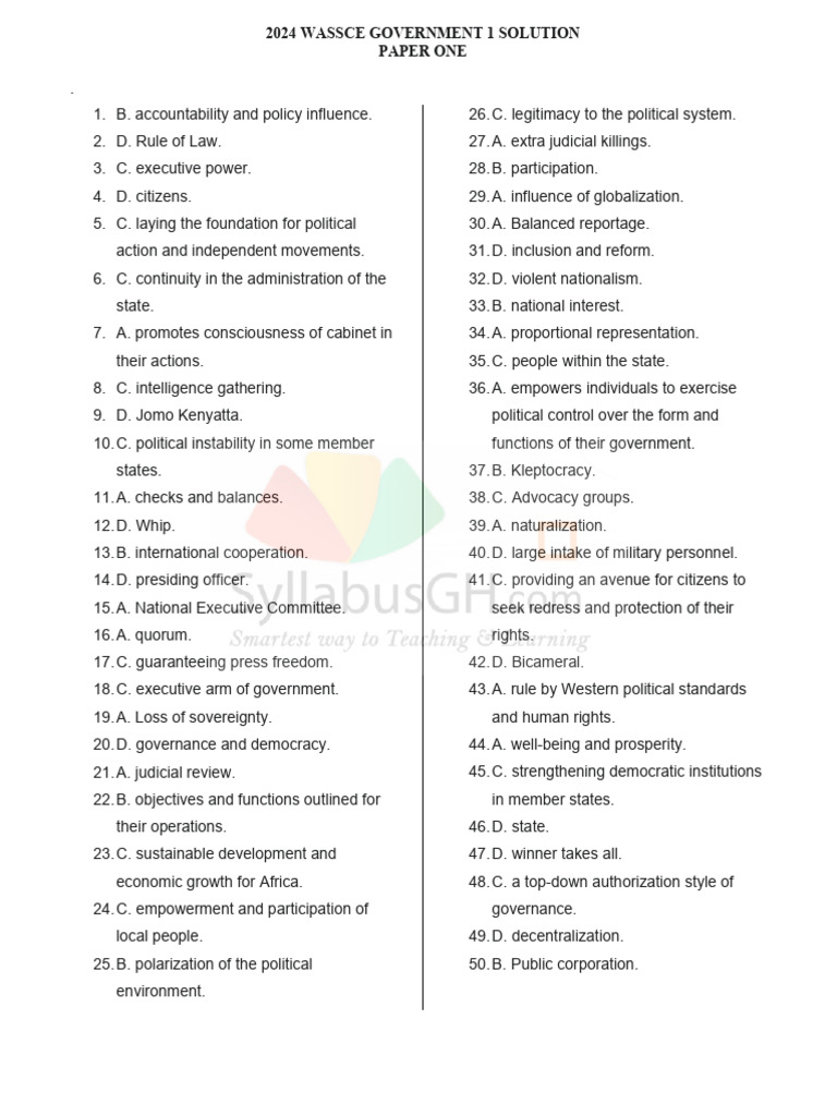 2024 WASSCE Government Paper 1 Solutions | PDF | Governance | Political ...