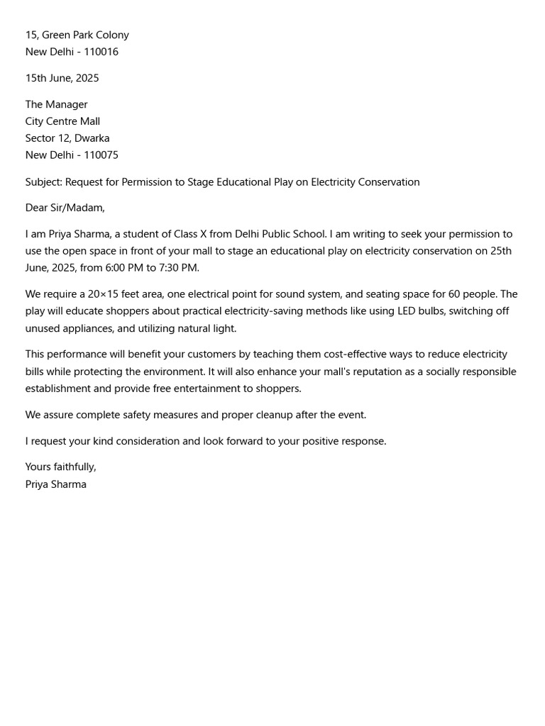 Letter To Shopping Mall Manager - Permission For Electricity Awareness ...