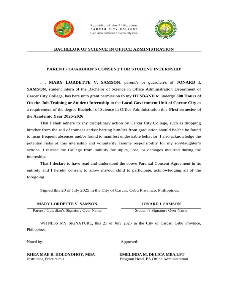 OJT Parents Consent 2025 | PDF