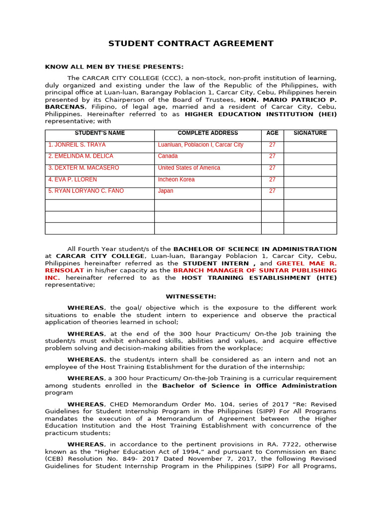 Bsoa Student Contract Agreement 2025 | PDF