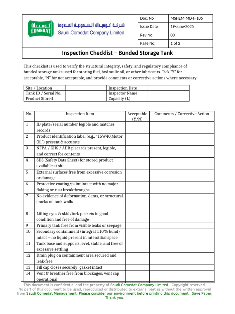 Bunded Storage Tank Inspection Checklist | PDF