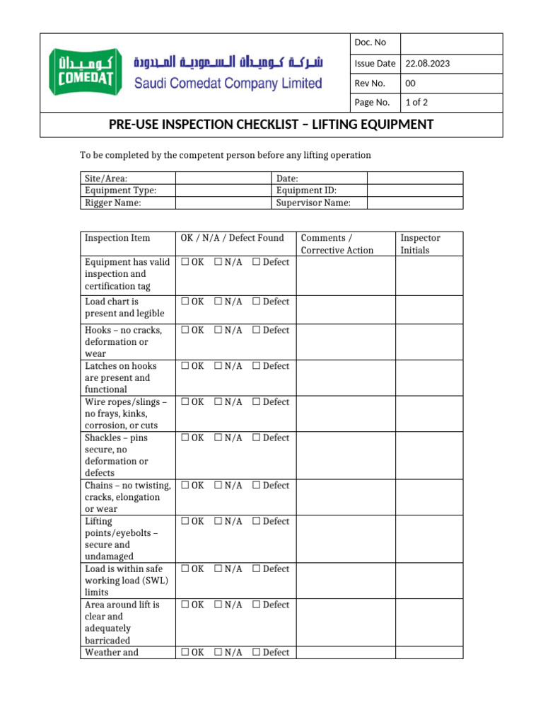 Lifting Equipment Inspection Checklist | PDF | Manufactured Goods