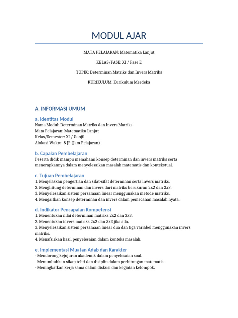 Modul Ajar Matriks Kelas XI Kurikulum Merdeka | PDF
