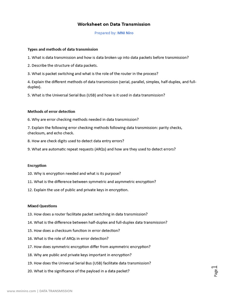 Worksheet On Data Transmission | PDF