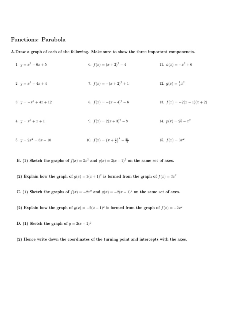 Transforming Parabolas Worksheet | PDF