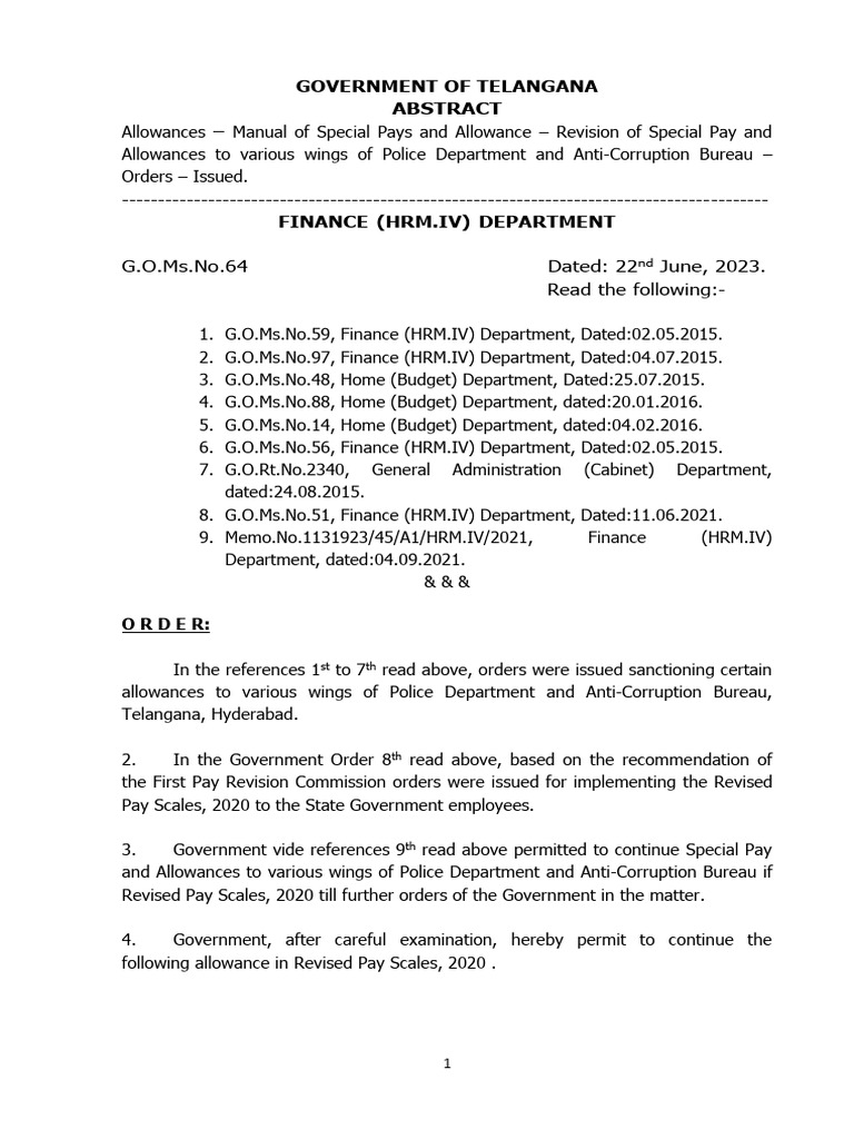 Telangana Special Pay Allowance Manual | PDF | Inspector | Ranks