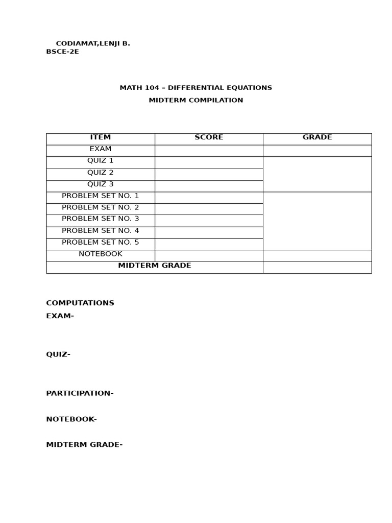 Midterm Grades for Differential Equations | PDF
