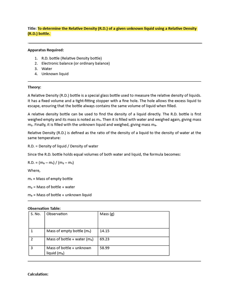 Relative Density Bottle Experiment | PDF